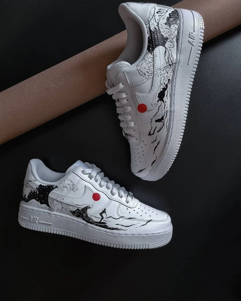 Custom AF 1s Shoes Wave And Surfer Pattern Red Black – insdrip