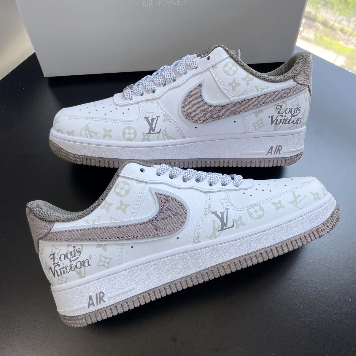 Custom Air Force 1 White Light Brown With LV Pattern – insdrip