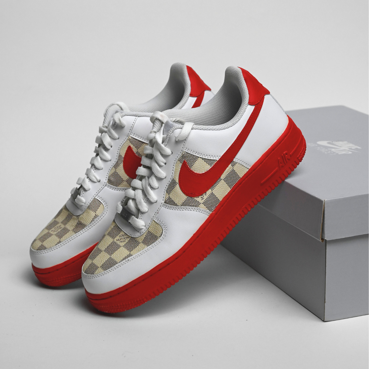 Custom Air Force 1 White Red With LV Checkerboard Pattern – insdrip